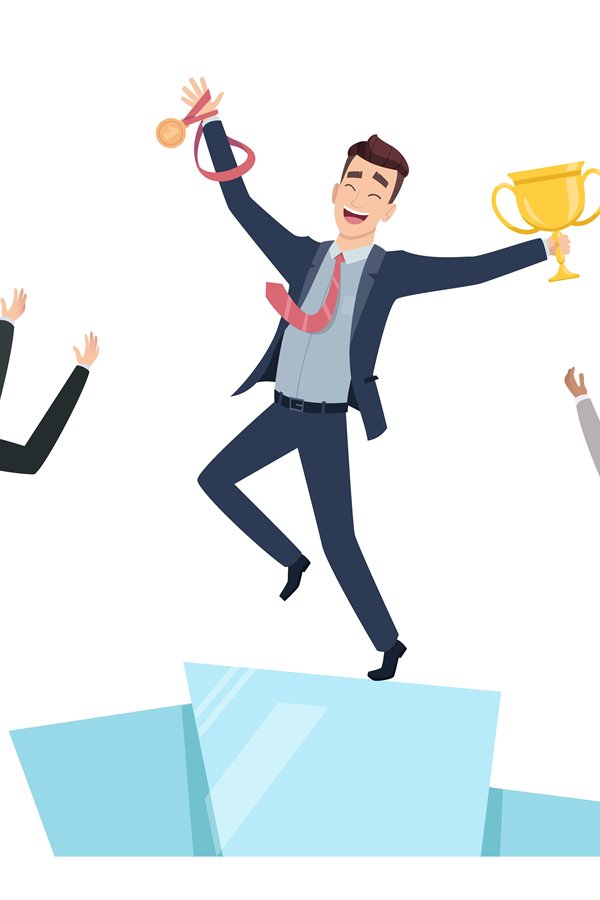 Business winner. Man win competition, manager with gold meda