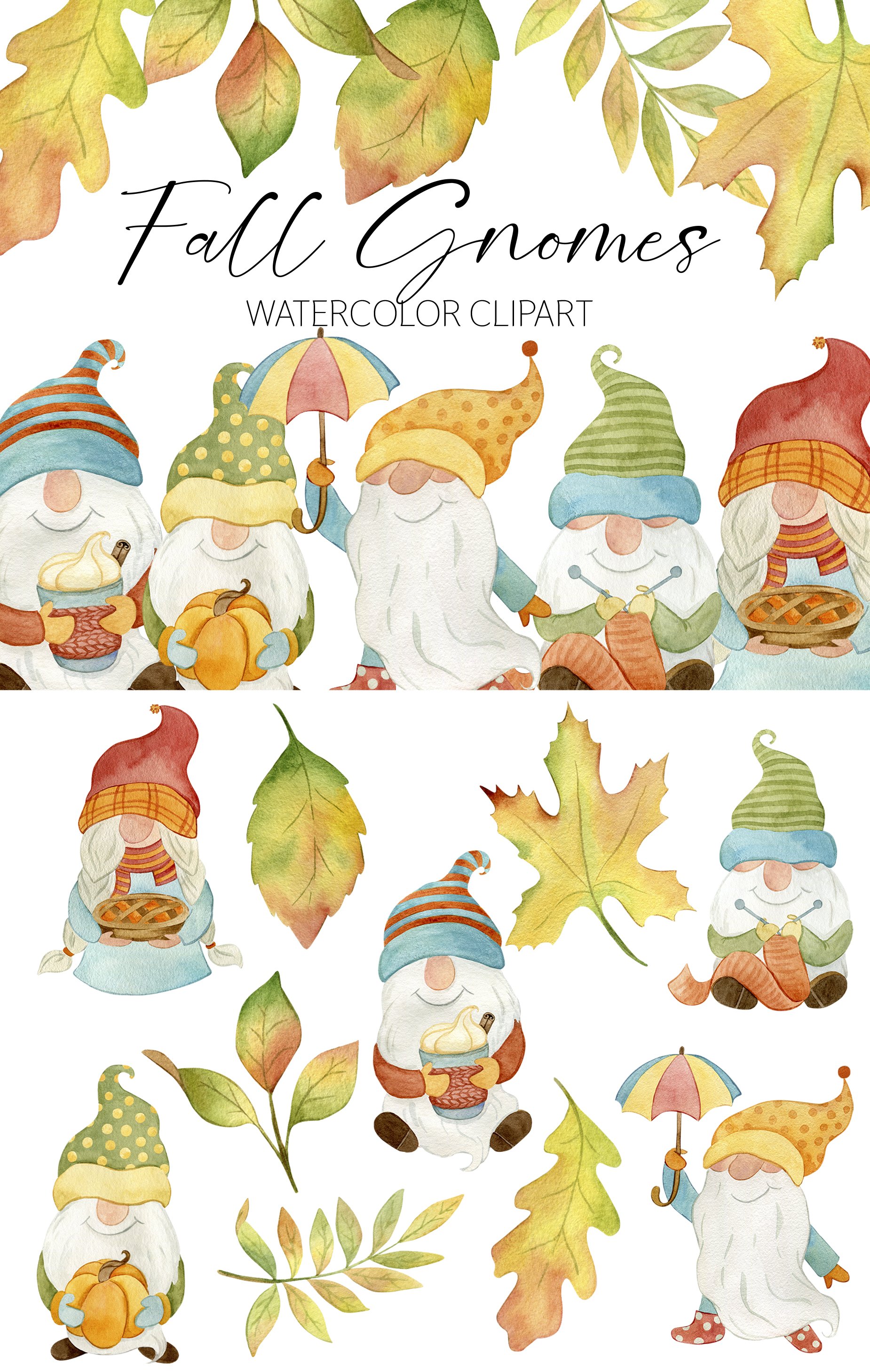 Fall gnome watercolor clip art , autumn leaves.