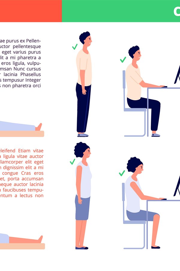 Correct positions. Posture infographics, female body ergonom