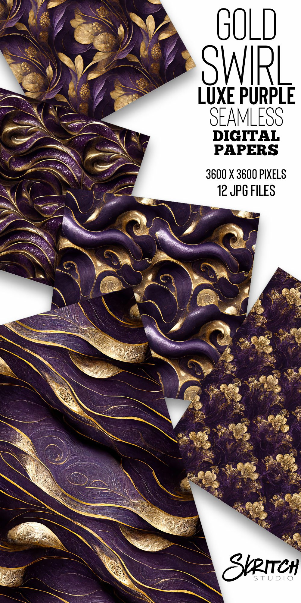 Luxe Purple and Gold Swirl Digital Background Patterns