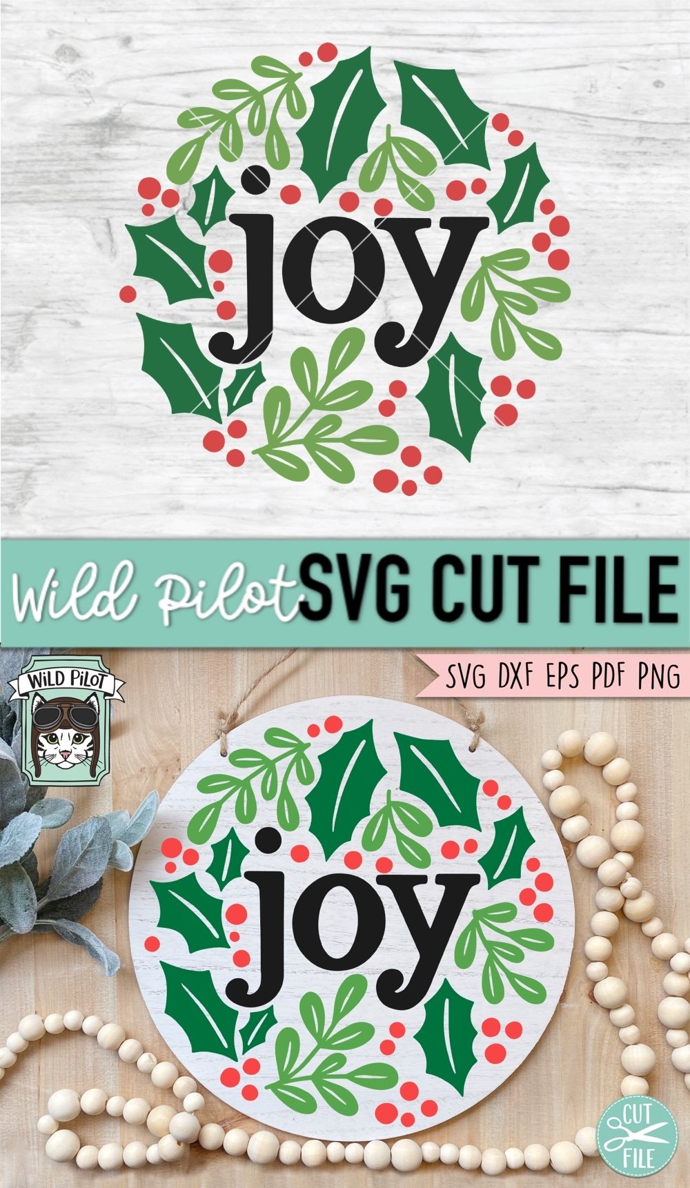 Joy Wreath SVG, Christmas SVG, Round Sign SVG, Xmas SVG