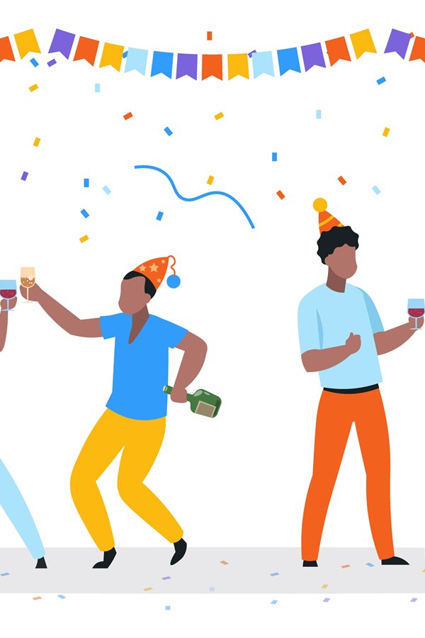 Cartoon party people. Trendy happy dancing group of men and