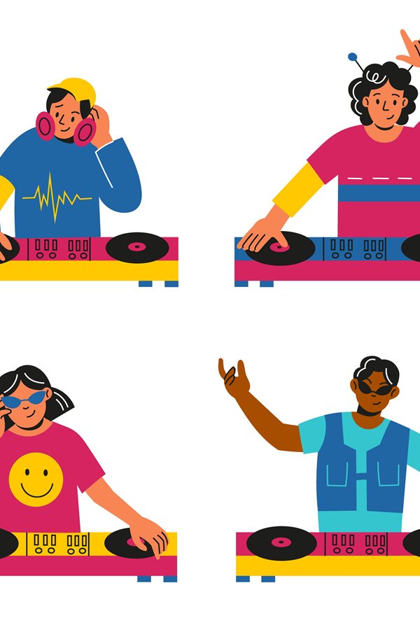 DJ characters with turntables. People bring together electro