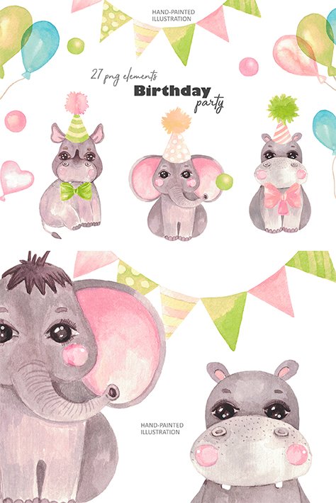 Safari animals clipart. Watercolor birthday party set PNG