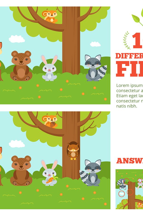 Educational game for kids with funny forest mascots. Vector