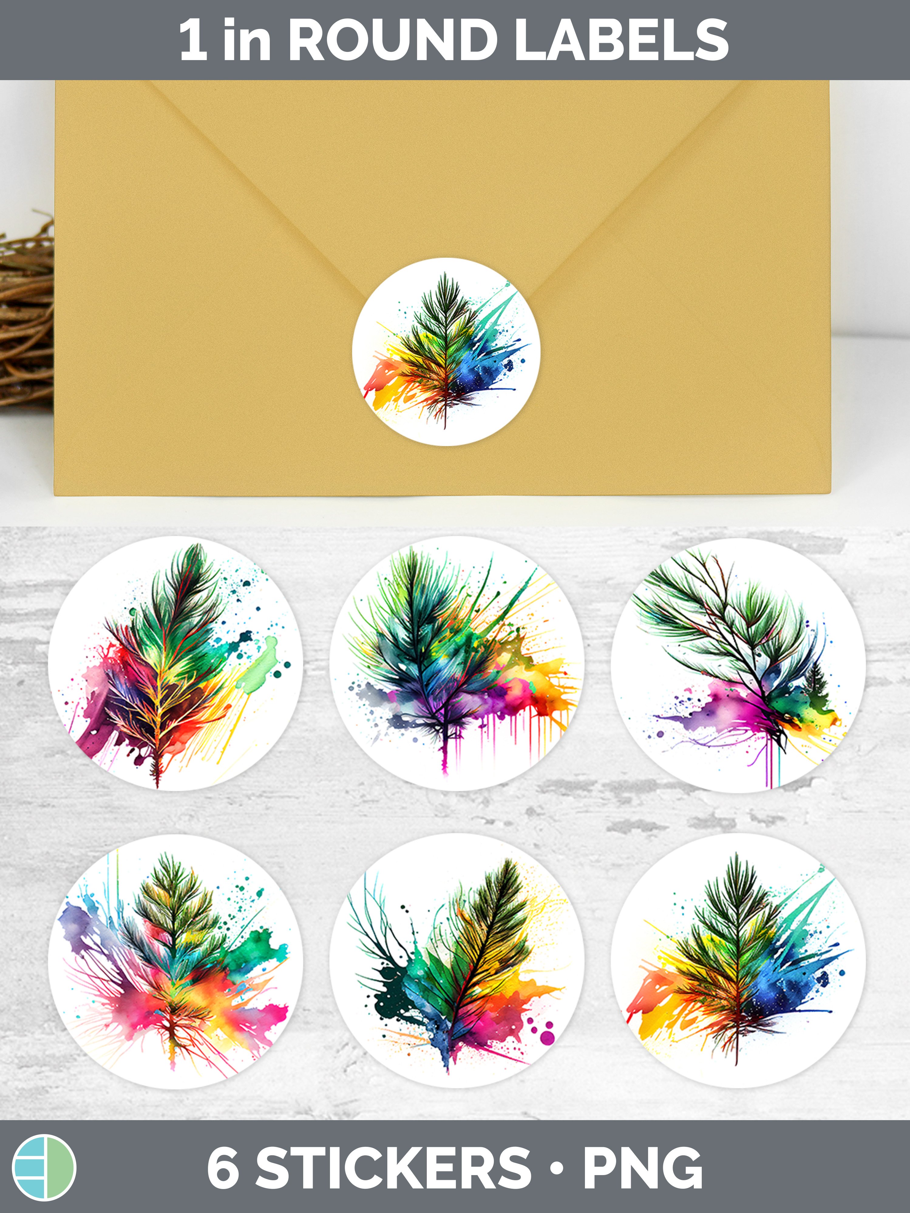 Rainbow Pine Needles Stickers | Round Labels Designs Bundle
