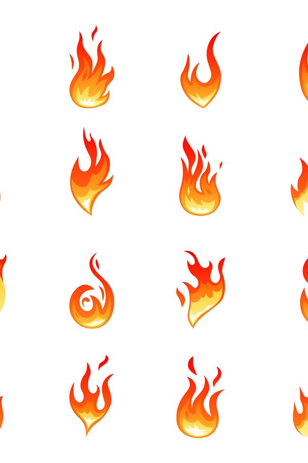 Cartoon flame collection. Hot fire flames, isolated glowing