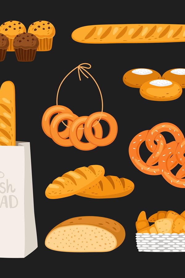 Fresh bread and pastry isolated onblack background. Vector b