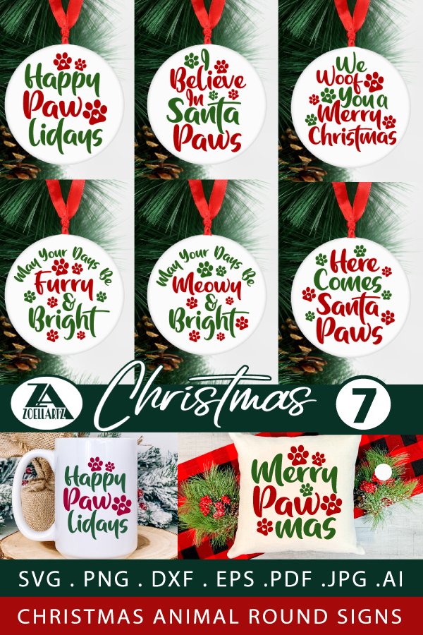 Christmas Animal Round SVG Bundle Dog Paws Ornaments SVG PNG