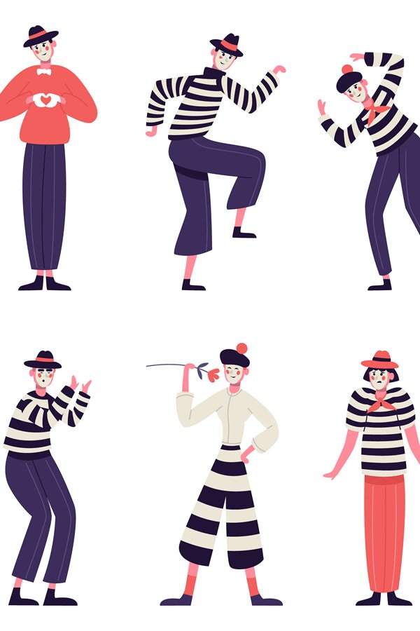 Mimes characters. Silent actors, pantomime and comedy perfor