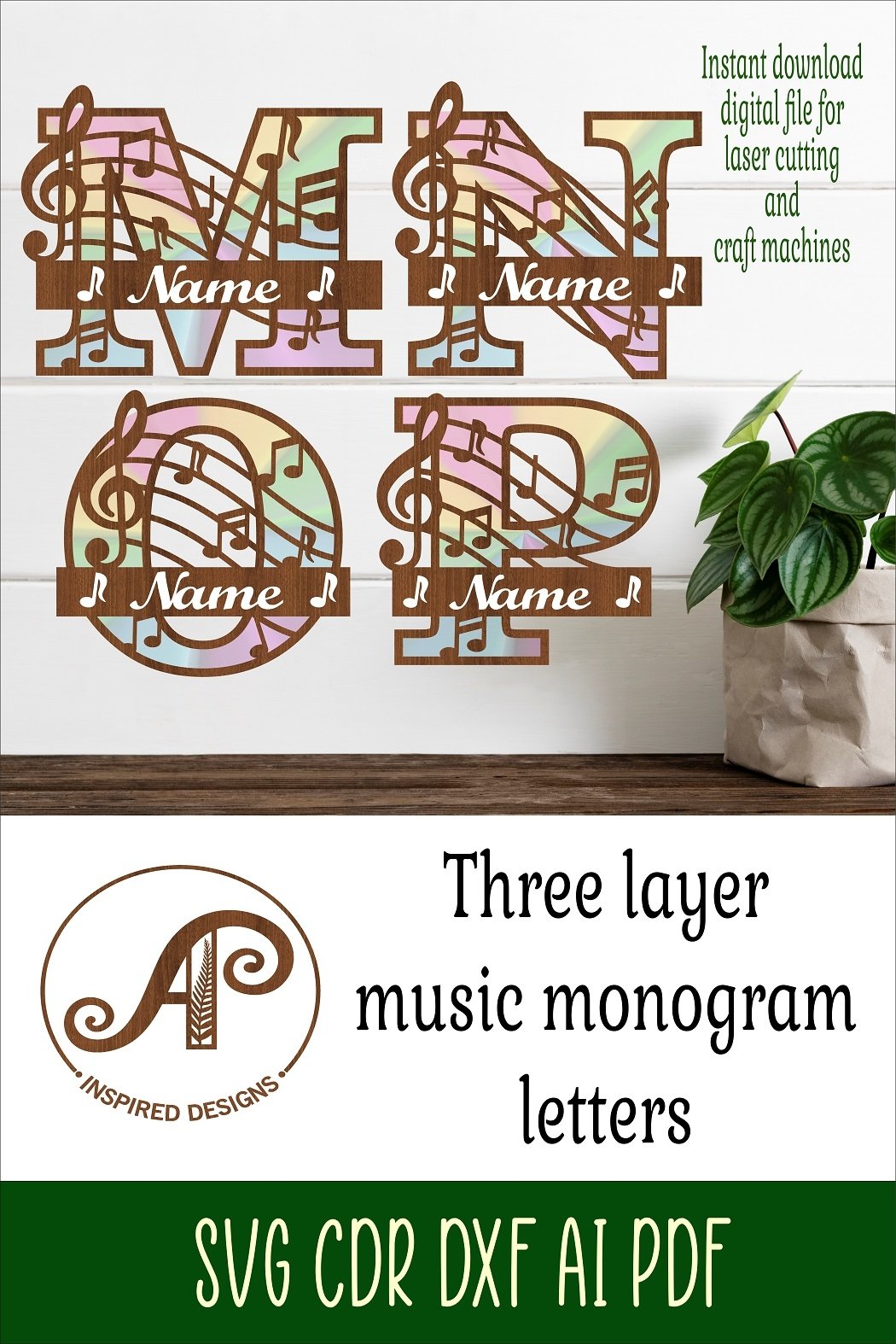 Music monogram letter bundle Name signs SVG 3 layer