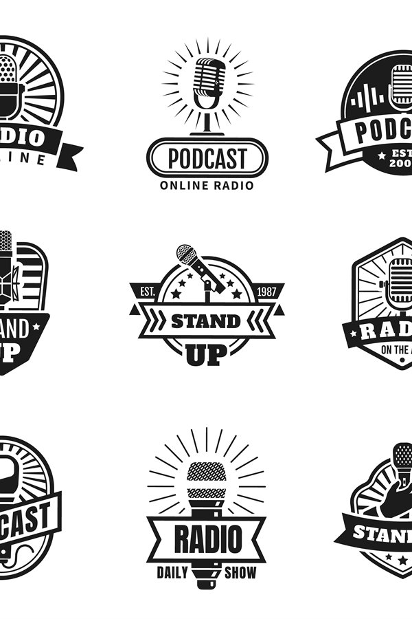 Radio emblems. Podcast, broadcast and studio badges with vin