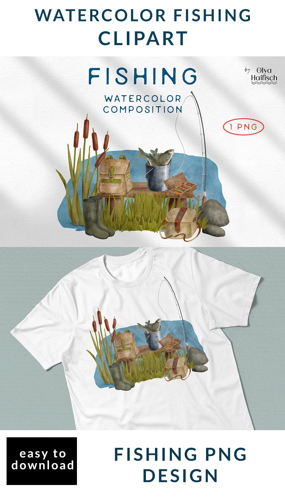 Watercolor Fishing Clipart. Camping Scene PNG