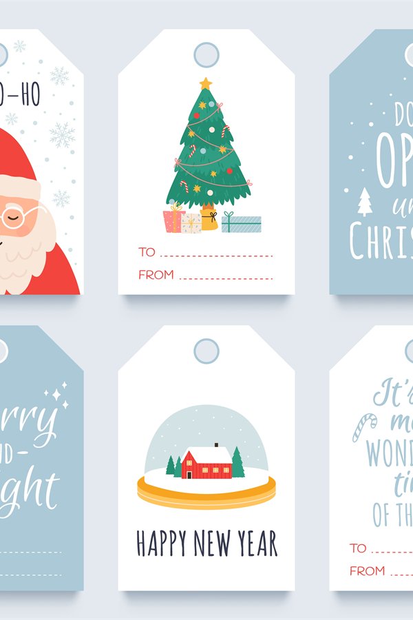 Christmas tag. Merry winter holidays gift tags with greeting