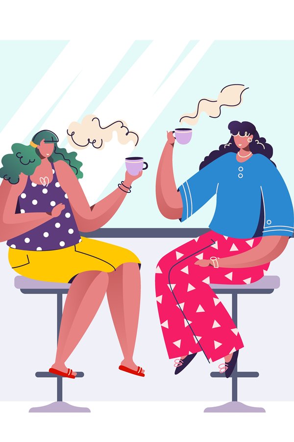 People drinking coffee. Cartoon trendy characters sitting in