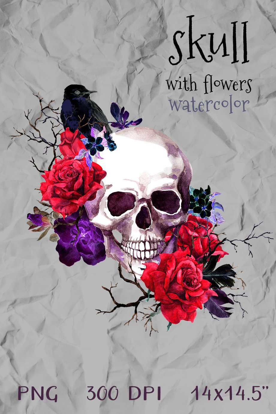 Skull and roses flowers PNG. Watercolor sublimation