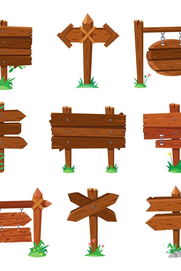 Sign boards in green grass. Wooden plank road signs, wood si