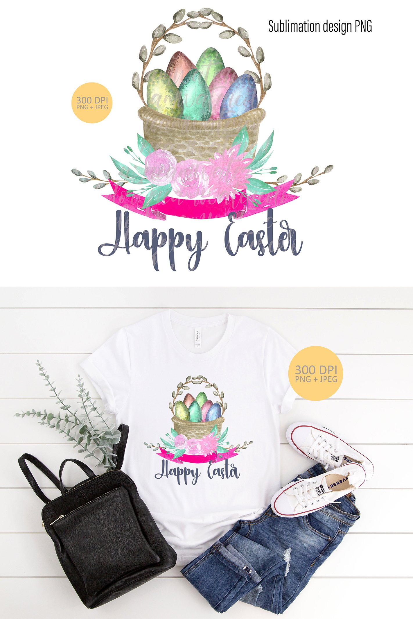 Happy Easter eggs basket sublimation design.