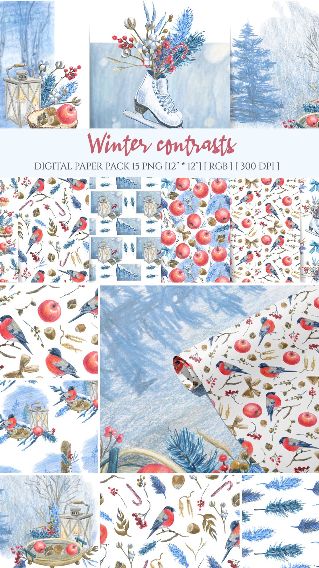 Winter birds seamless pattern. Christmas digital background.