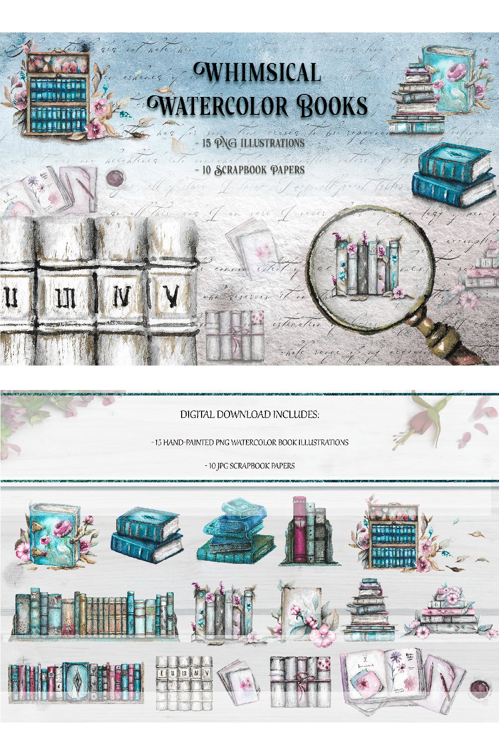 Whimsical Watercolor Books and Scrapbook Papers