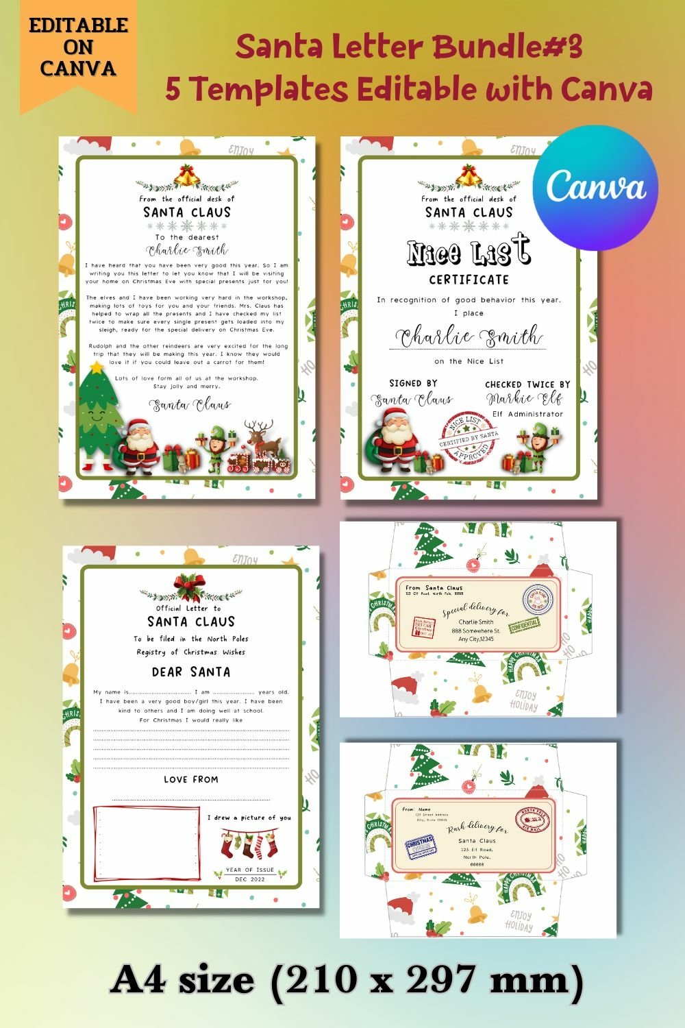 Santa Letter Bundle | 5 Templates editable with canva