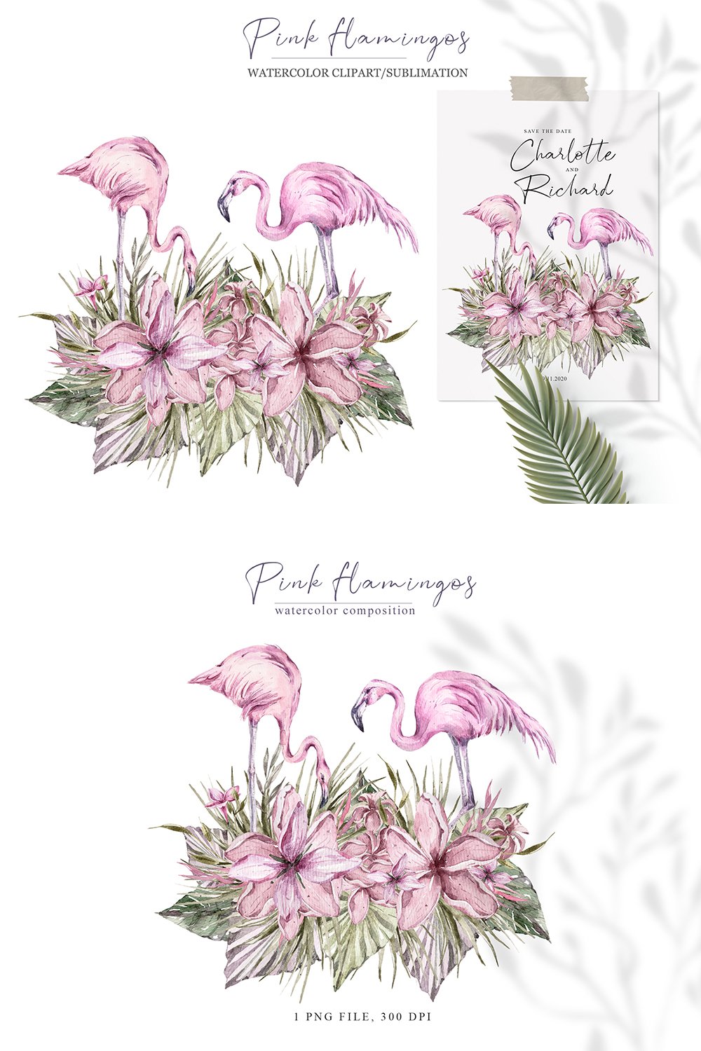 Watercolor pink flamingo clipart Valentines day (719476)