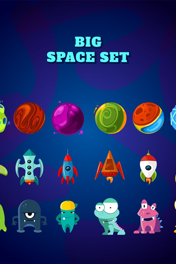 Big space set. Set of space elements. planets, rockets and m