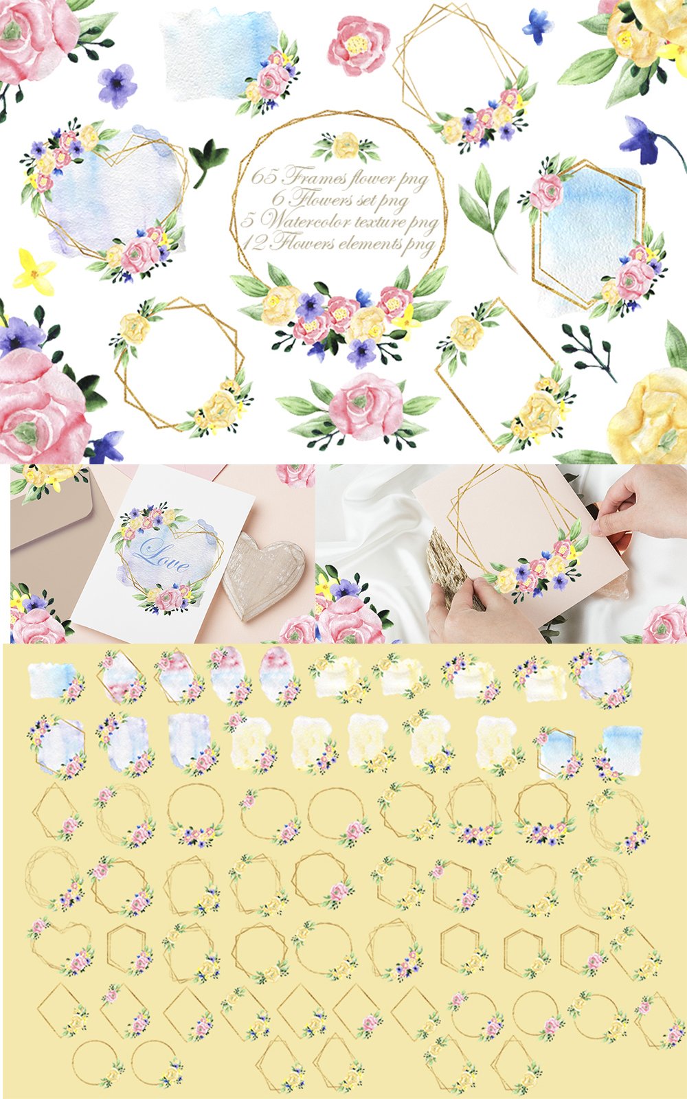 Wedding, Watercolor gold floral frame, Sublimation, Flowers