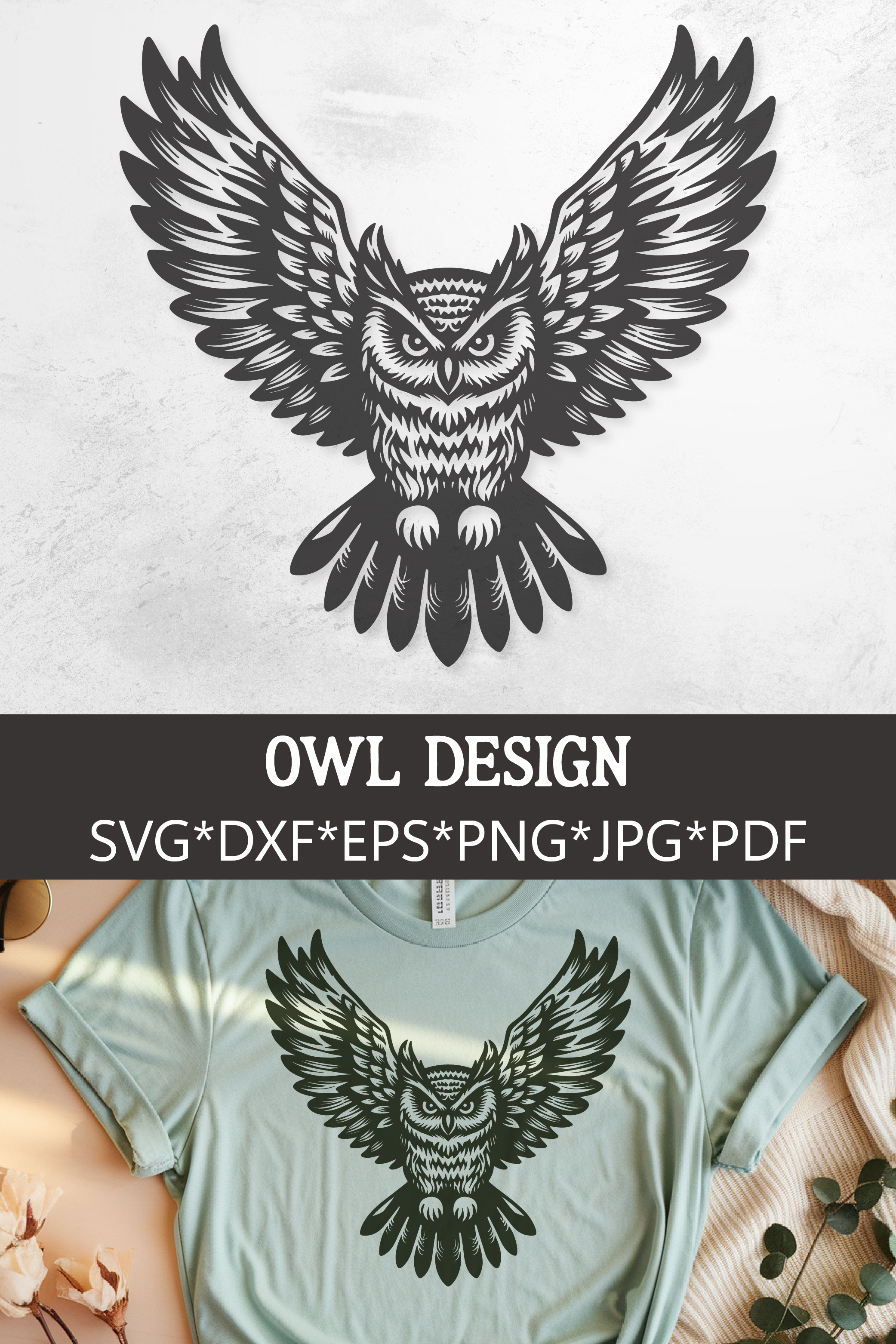 Flying Owl Front View SVG | Vintage Woodcut Wild Bird Design