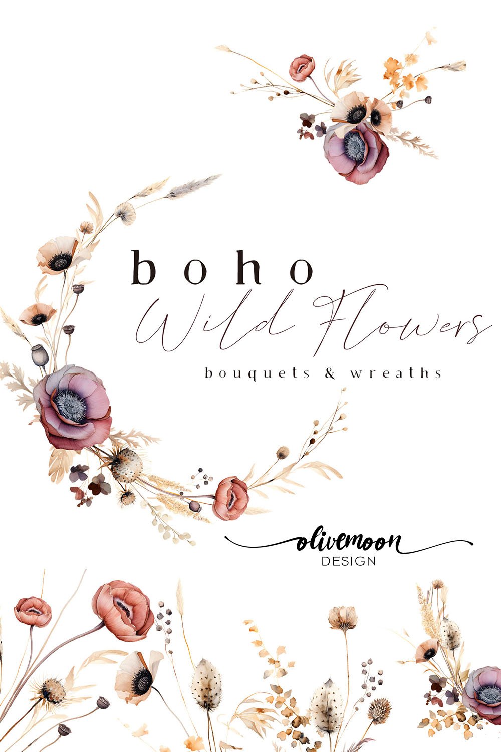 Boho Wildflowers Clipart Wreaths Bouquets Fall Burgundy Gold