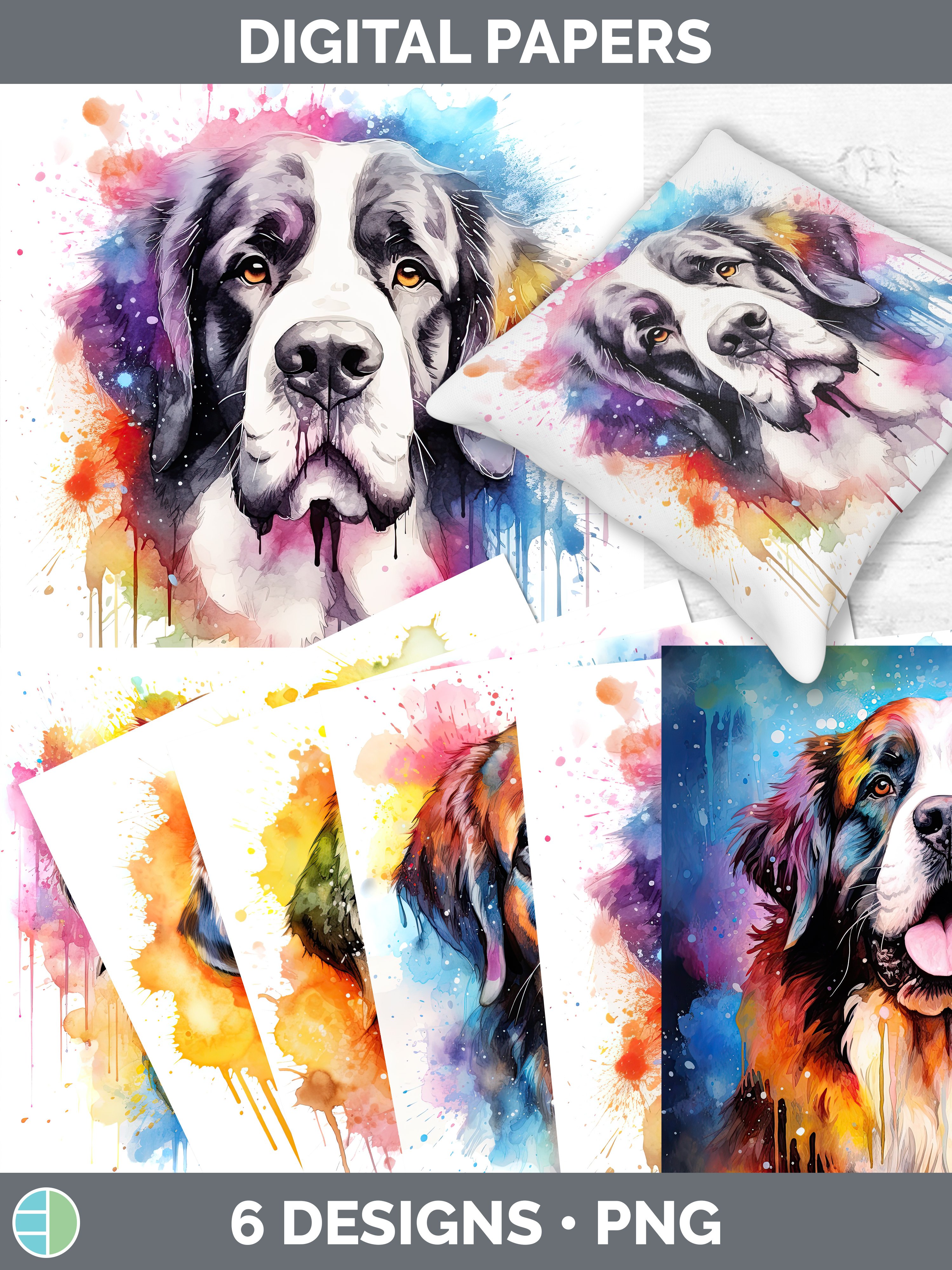 Splat Rainbow Saint Bernard Dog Paper Backgrounds | Digital