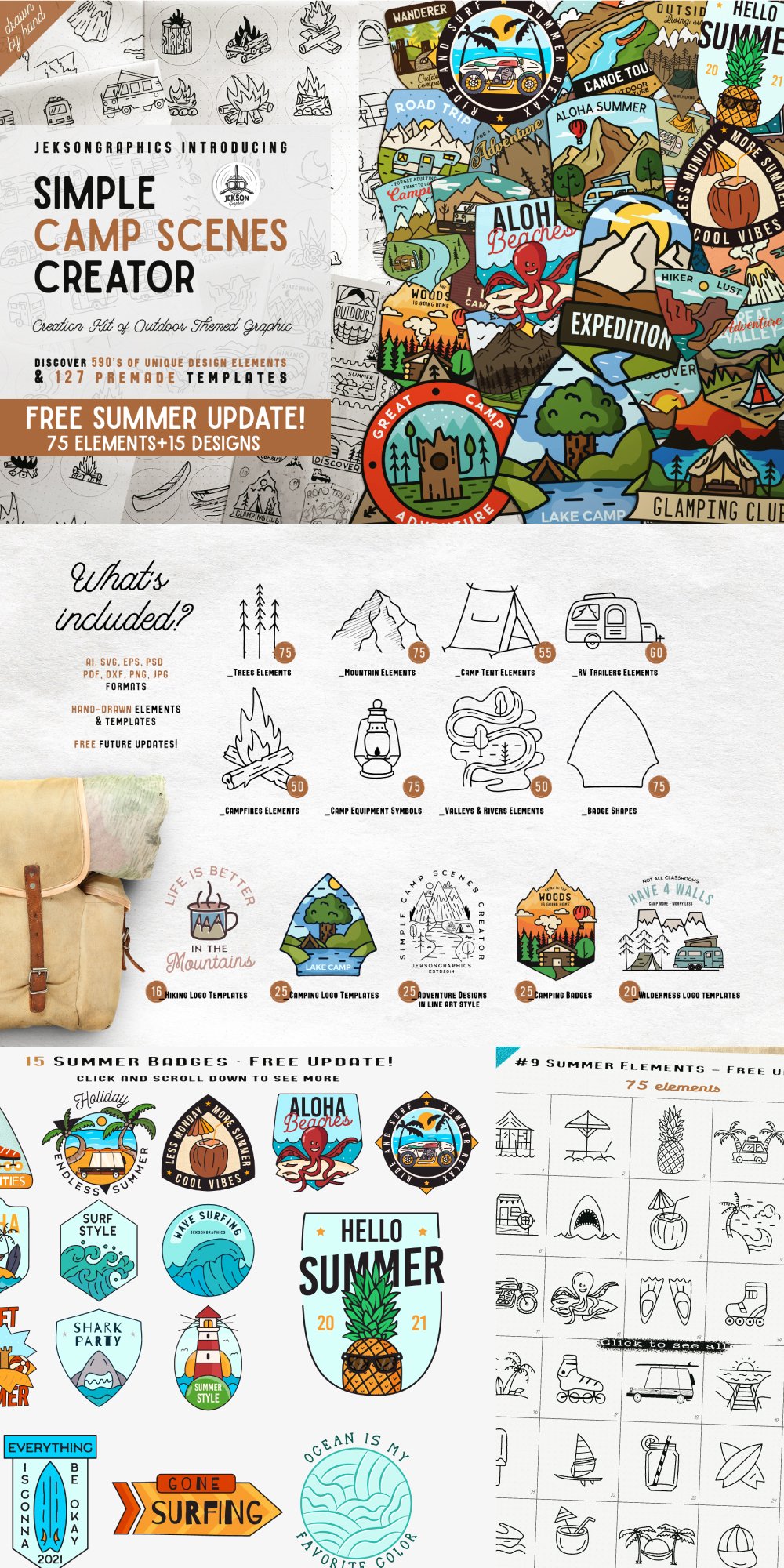 Simple Camp Scenes Creation Kit | 590 Elements & 127 Badges