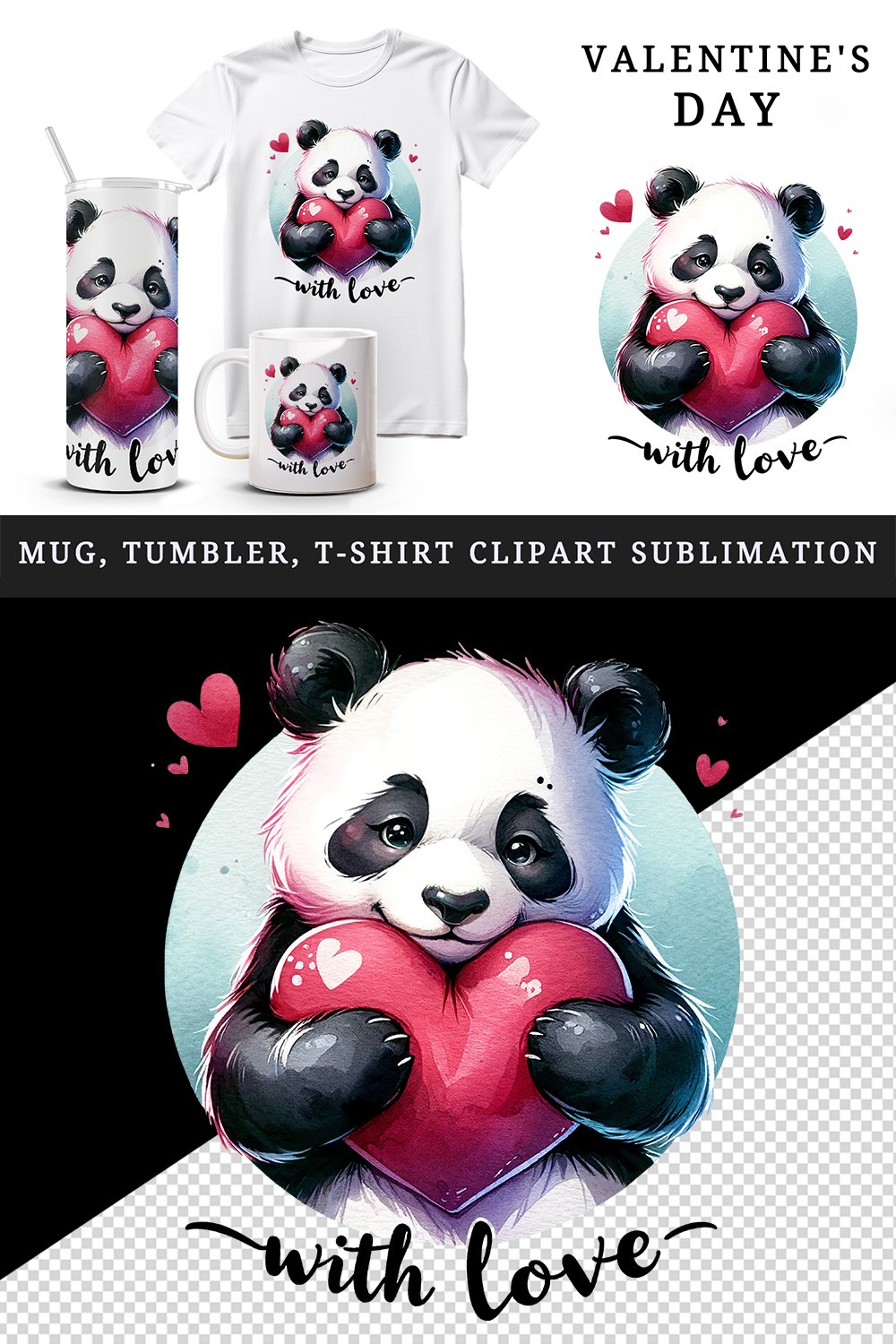 Valentine's Day panda tumbler mug wrap clipart sublimation