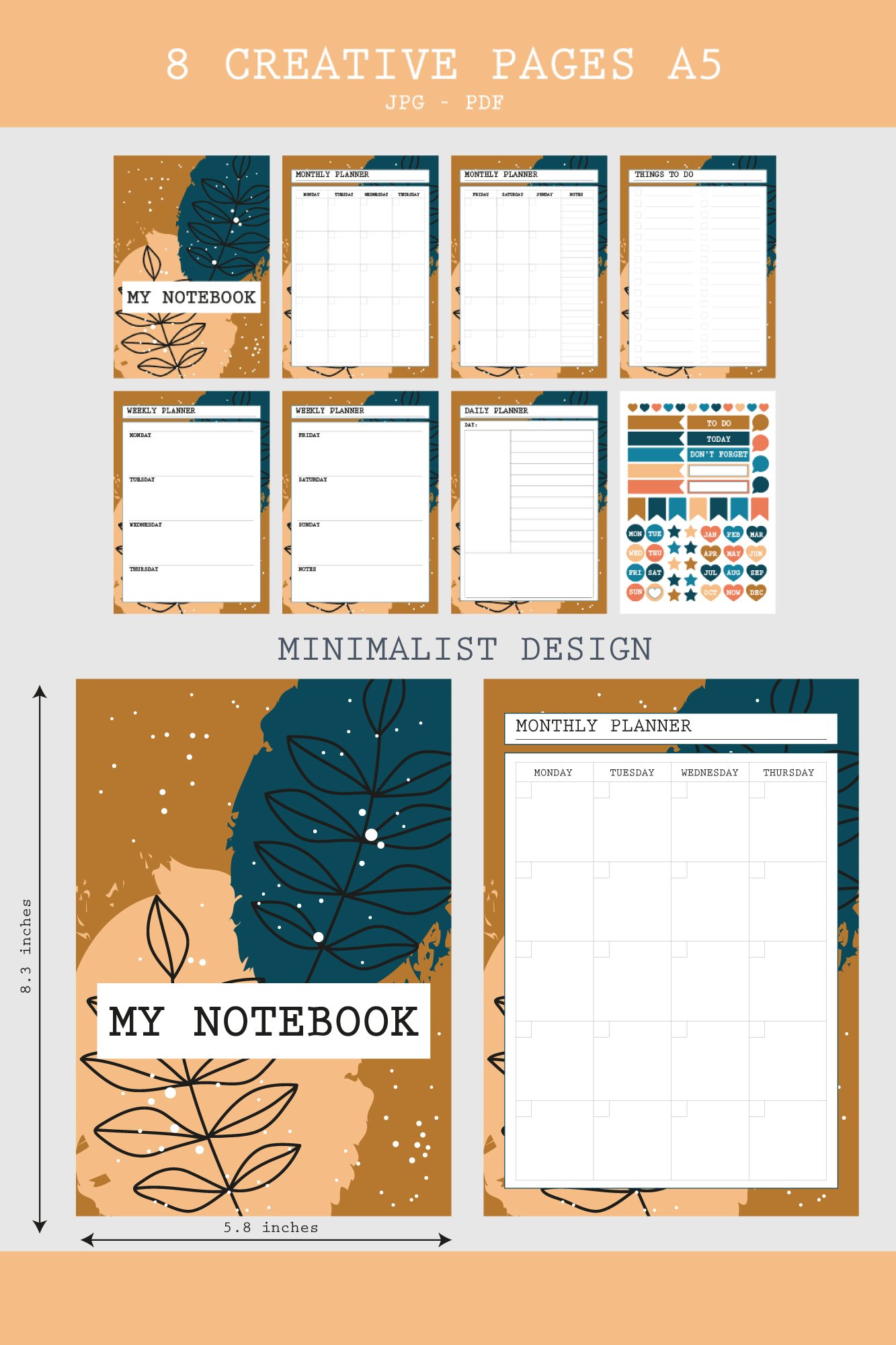 8 Notebook Planner pages A5, printable set, bullet (1232098)