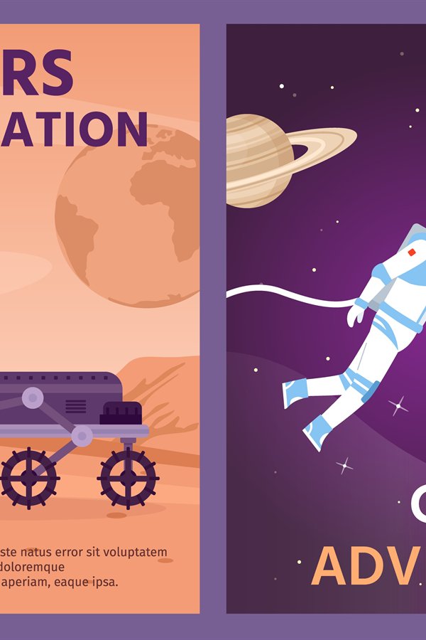 Space exploring poster. Galaxy landscape with rocket, planet