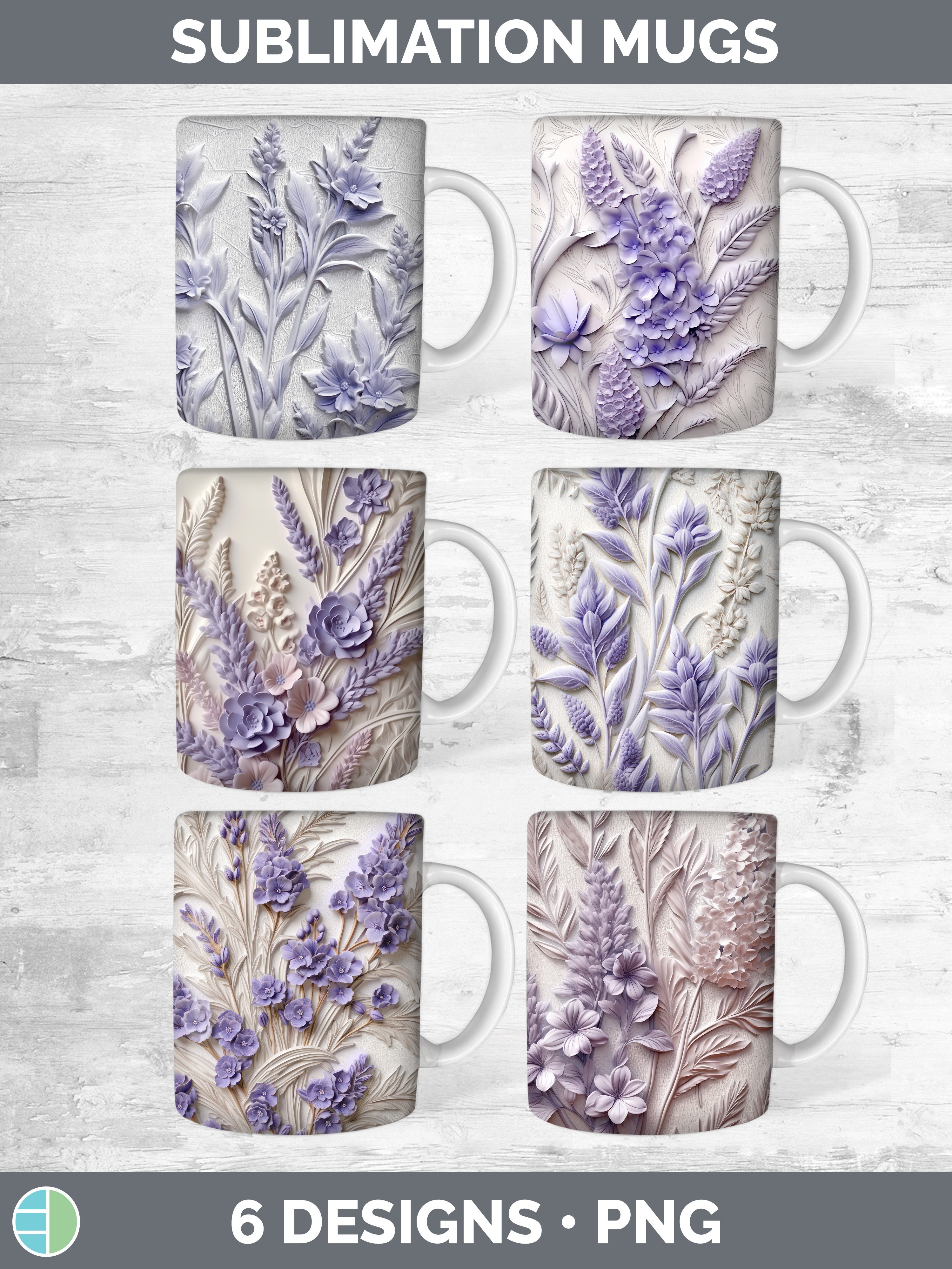 3D Lavender Flowers Mug Wrap | Sublimation Coffee Cup Design