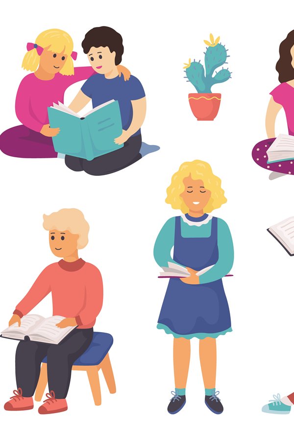 Reading kids. Happy cartoon children reading books and study