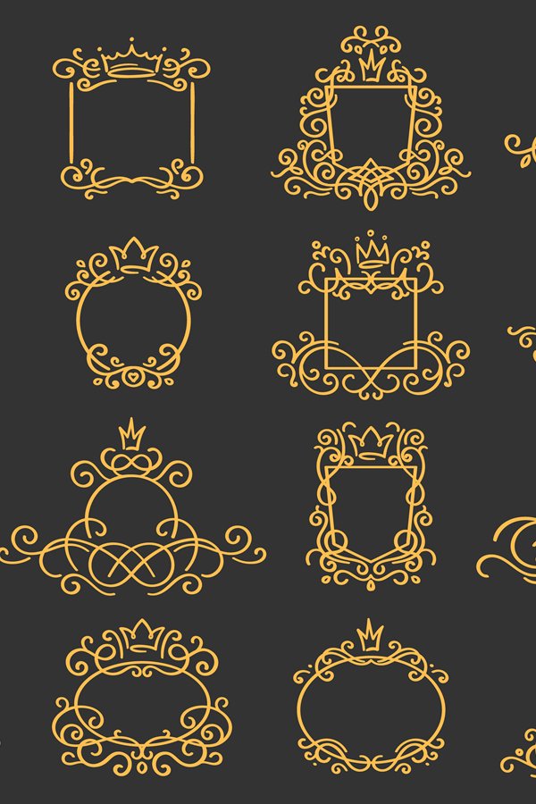 Royal monogram frame. Hand drawn crown emblem, vintage doodl