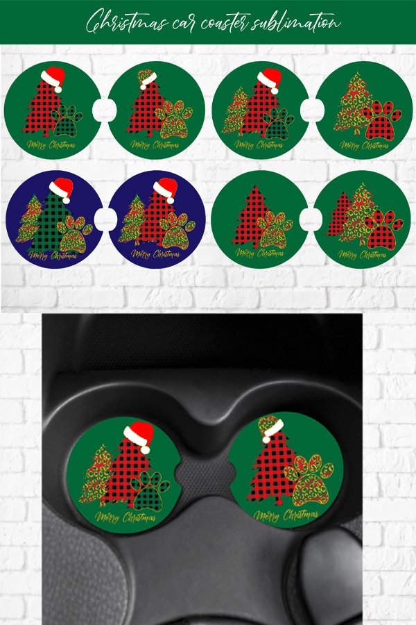Car coaster sublimation dog paw Christmas tree design