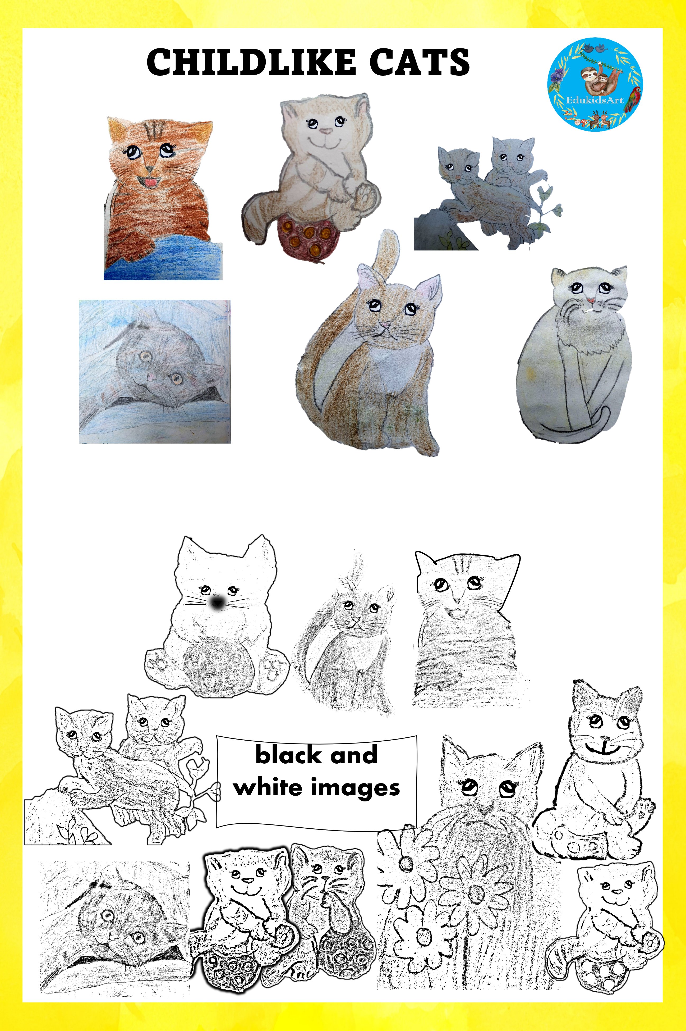 childlike art cute cats clipart set with black and white