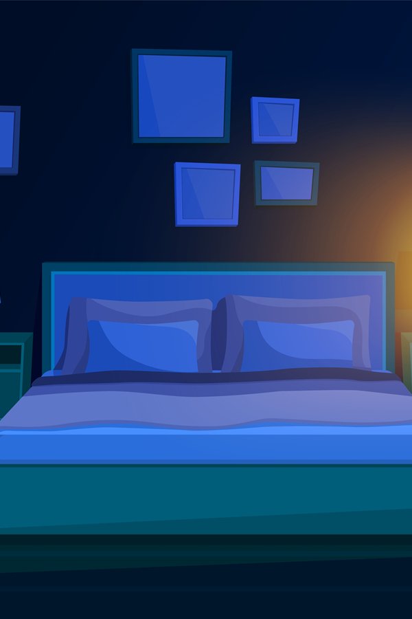 Bedroom at night. Evening bed, room interior with moon light