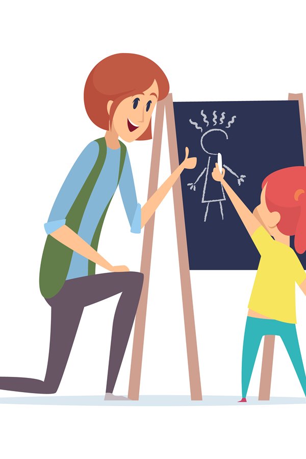 Girl drawing chalk. Little baby learning draw, teacher and k