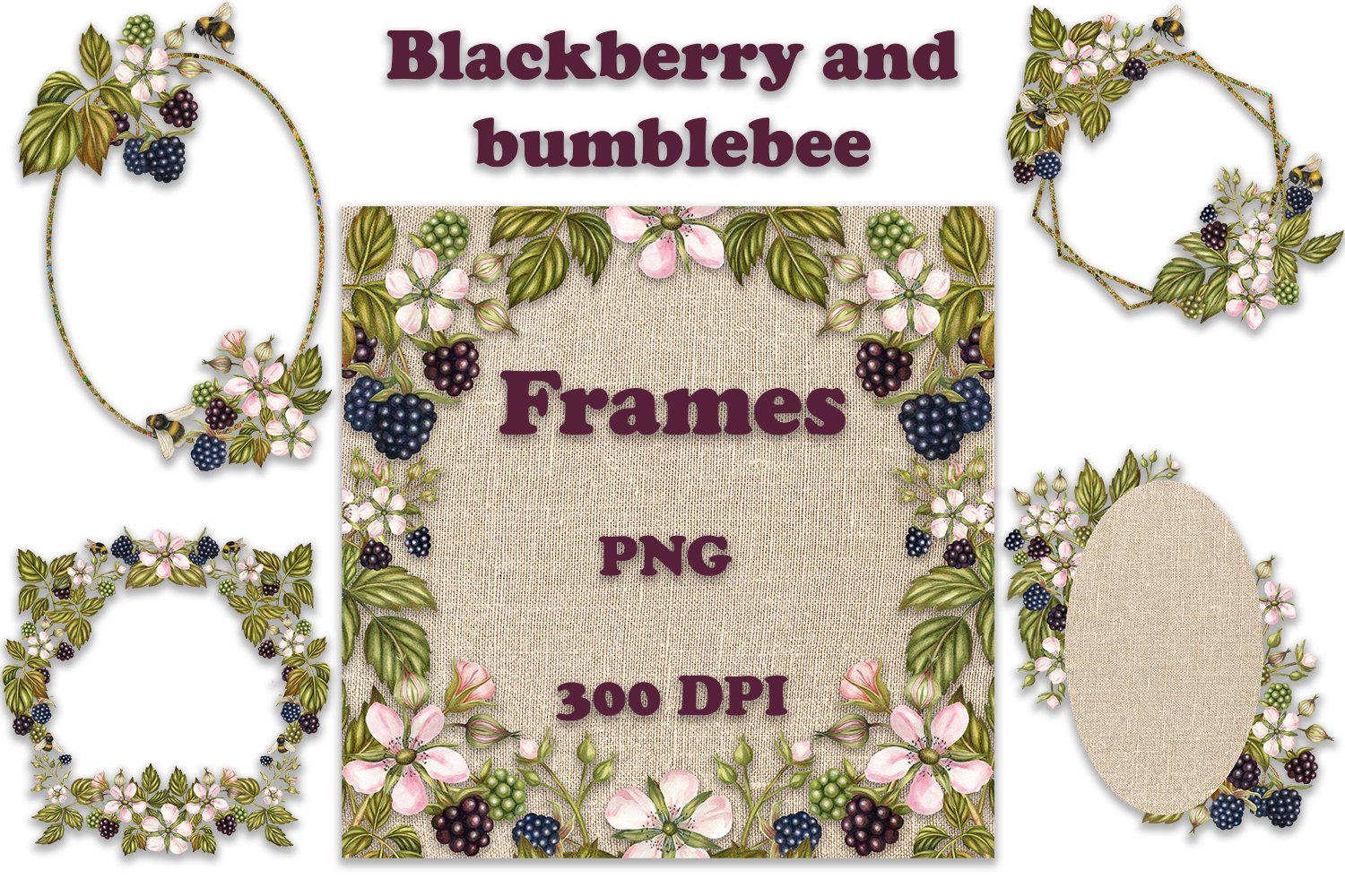 Blackberry and Bumblebee, Frames PNG, Boho Frames
