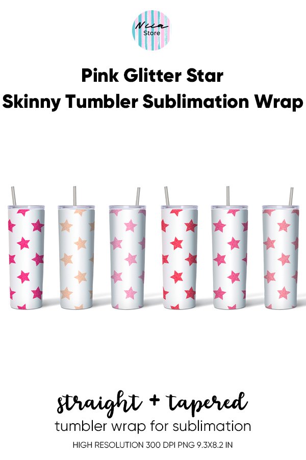 Pink Glitter Star Skinny Tumbler Sublimation Wrap 20 Oz