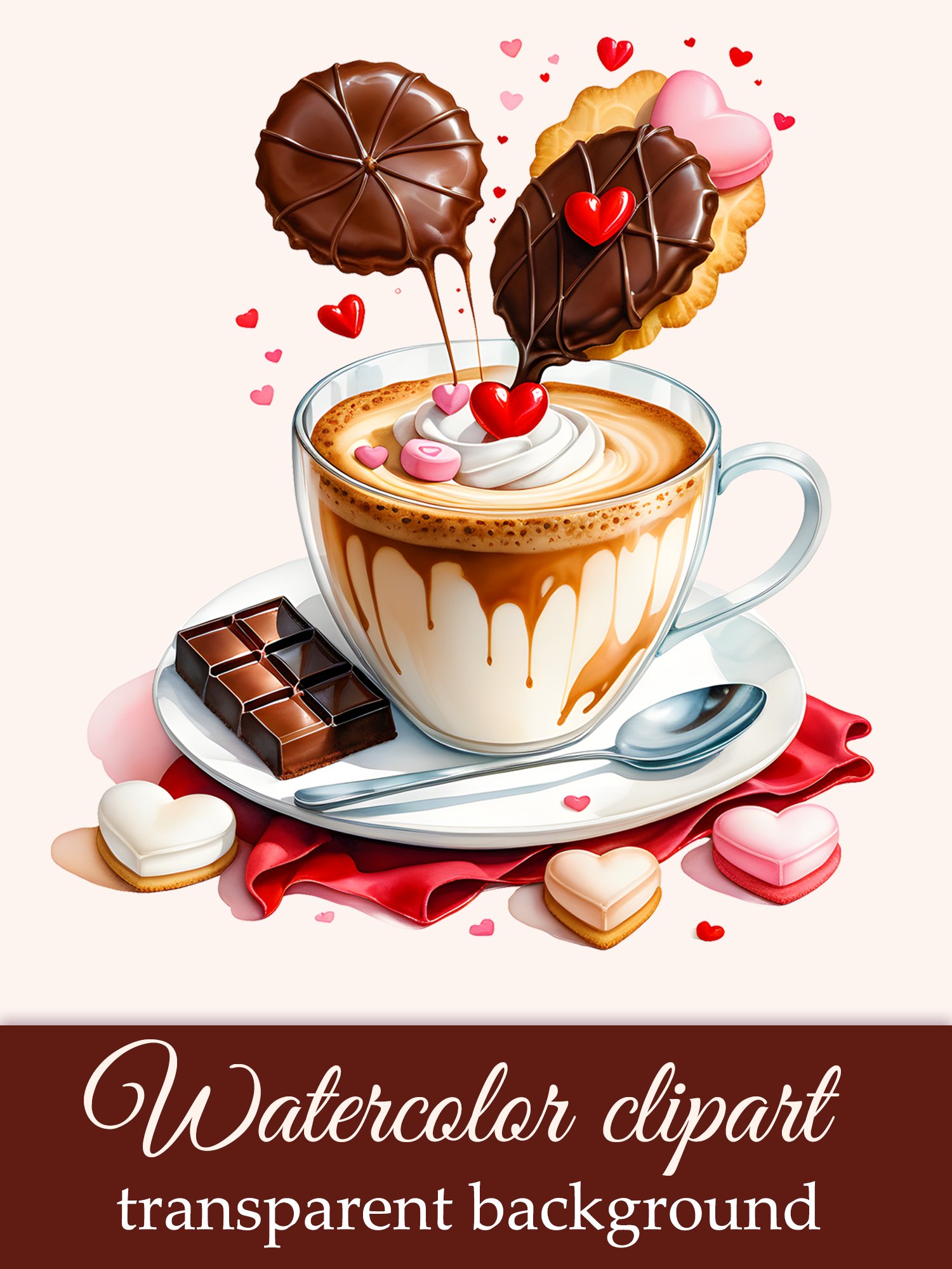Watercolor coffee cup with hearts and chocolate, clipart Png