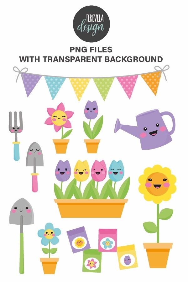 KAWAII SPRING CLIPART, FLOWERS, GARDEN