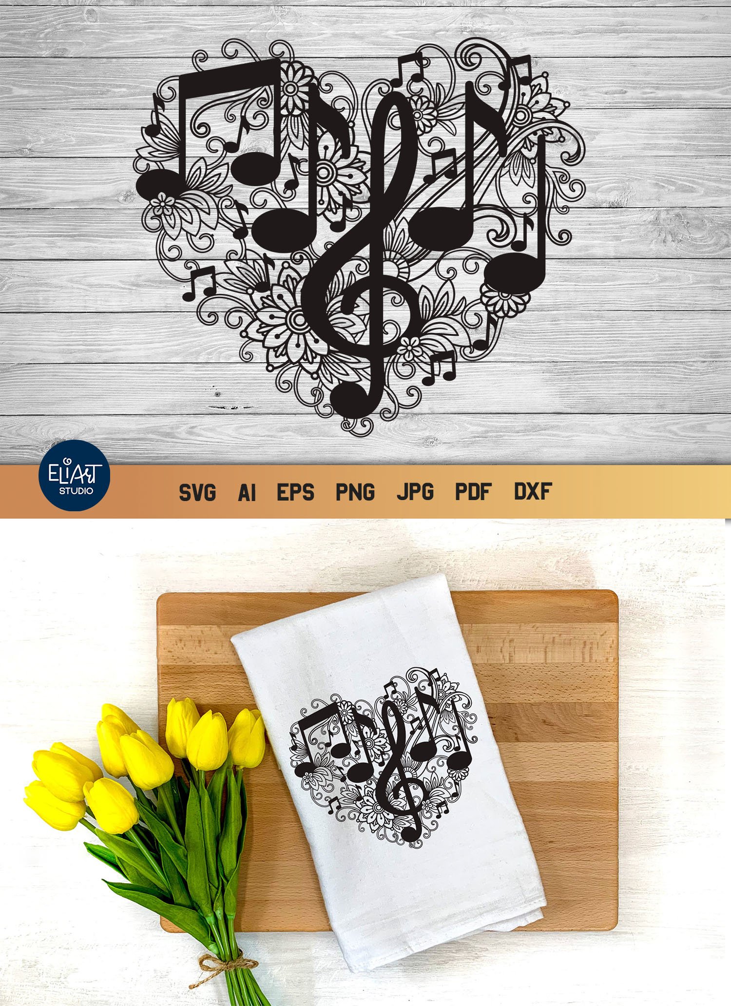 Musical SVG Heart | Floral Heart with Musical Notes