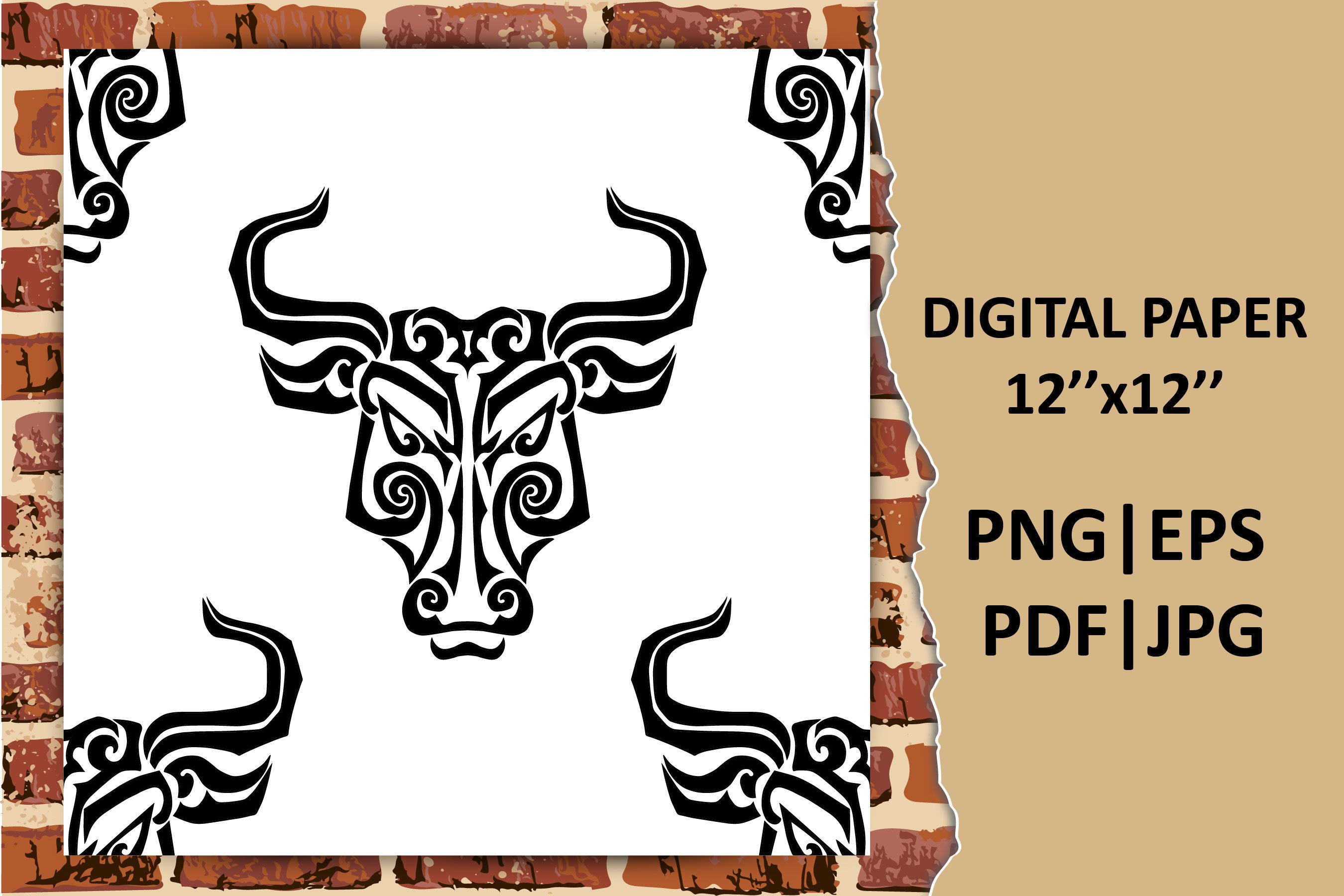 Digital paper with Bull face|Taurus. Seamless pattern. PNG