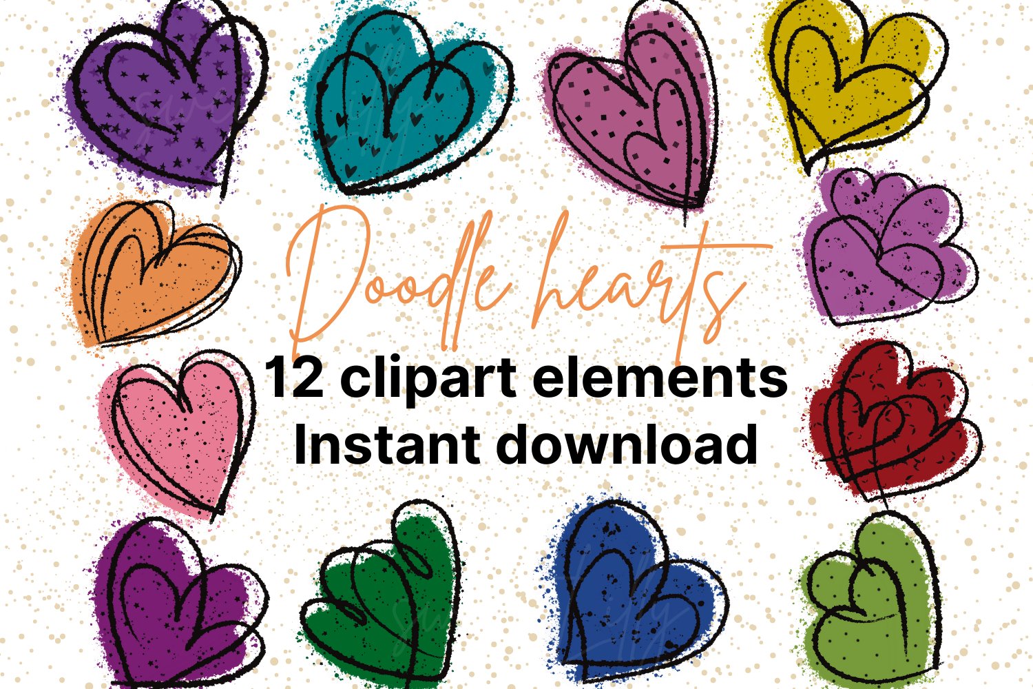 Doodle hearts clipart 12 elements set