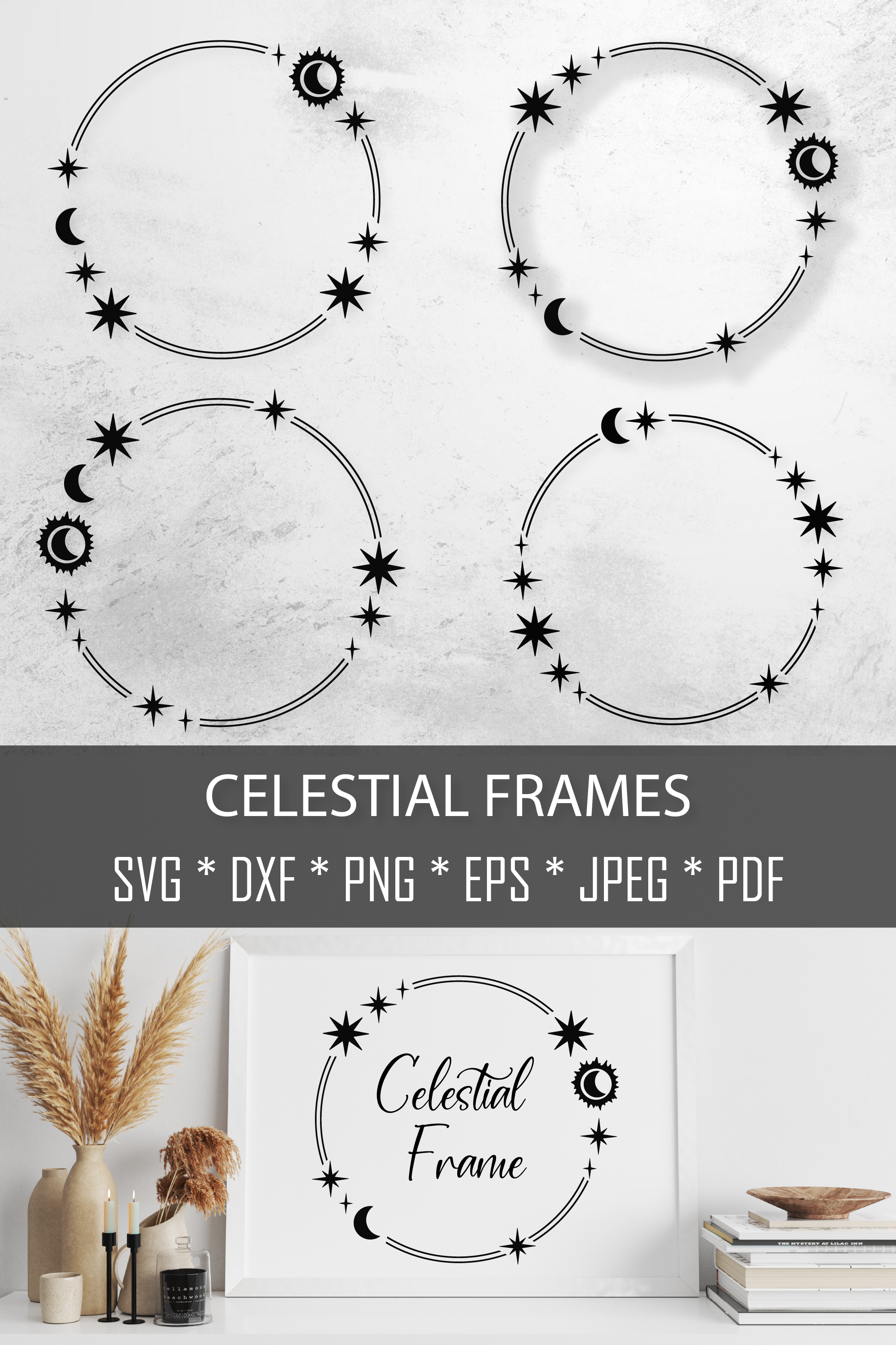 Celestial Frames SVG Files. Sun, Moon and Stars PNGs Clipart